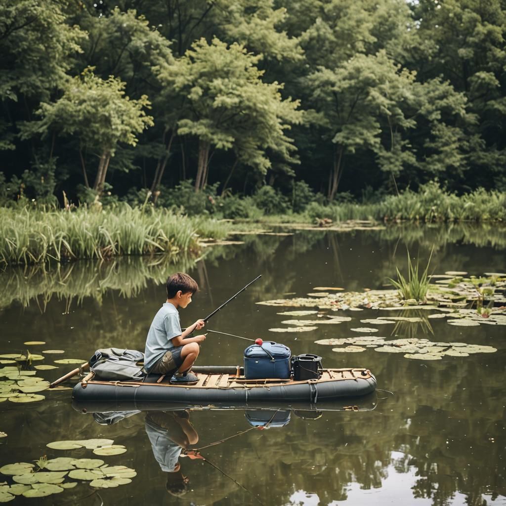 Boy fishing on a raft in a pond - AI Generated Artwork - NightCafe Creator