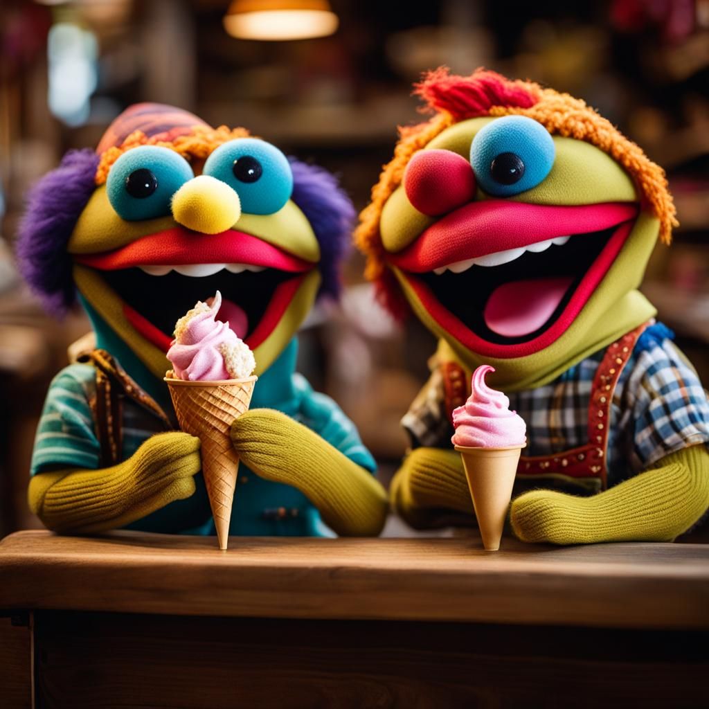 Two happy friends laughing and eating ice cream, in a sock puppet doll ...
