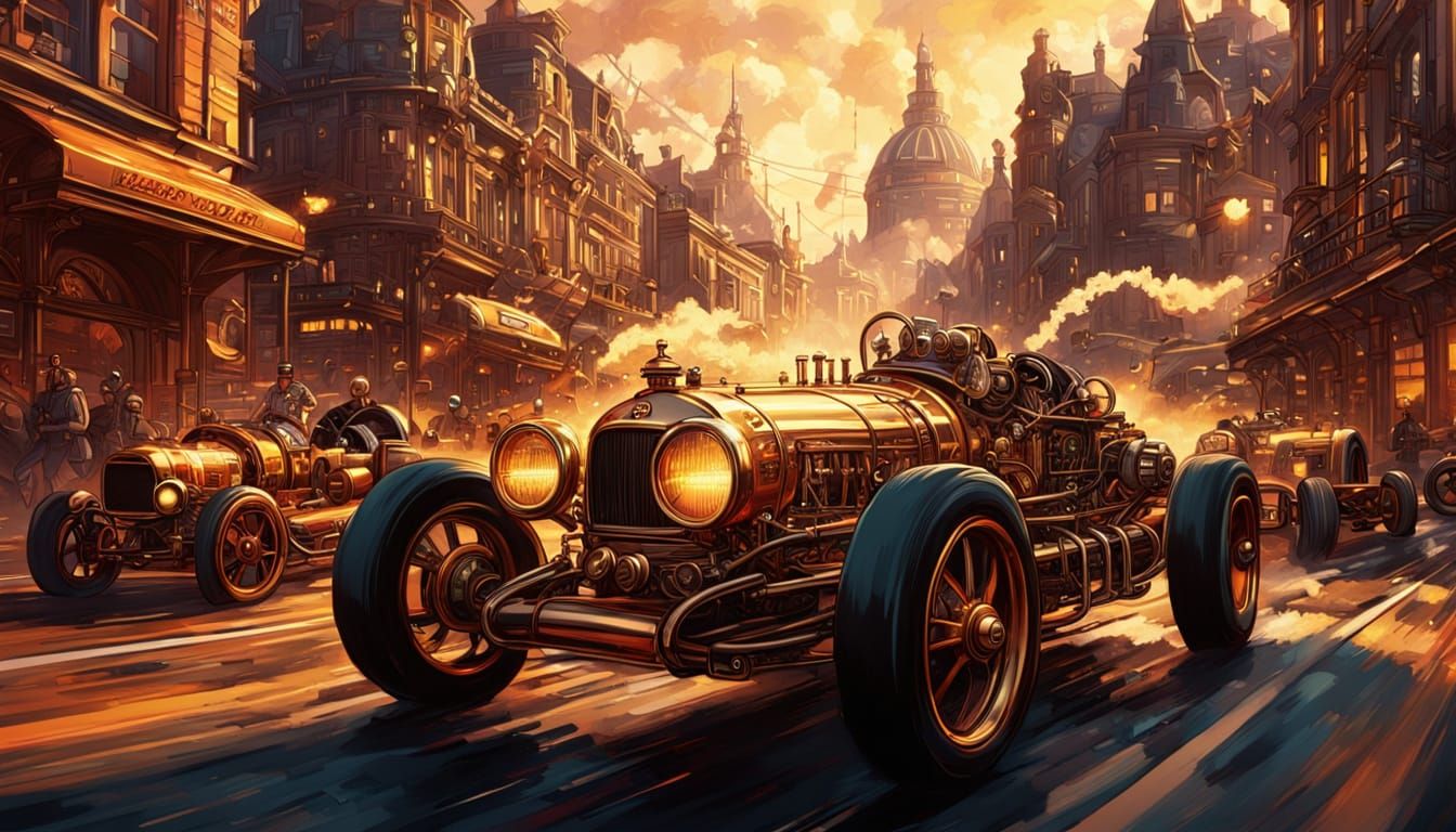 Steampunk Formula 1 Racing Scene in Comic Book Sty... - AI Art