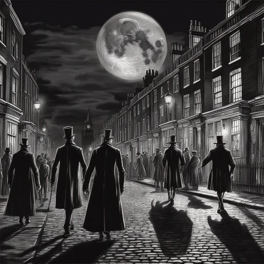 Black and white drawing of strolling vampires in the streets of 1800's ...