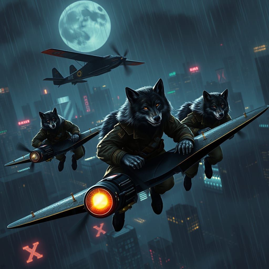 1940s Werewolves in Cyberpunk Cityscape - AI Art