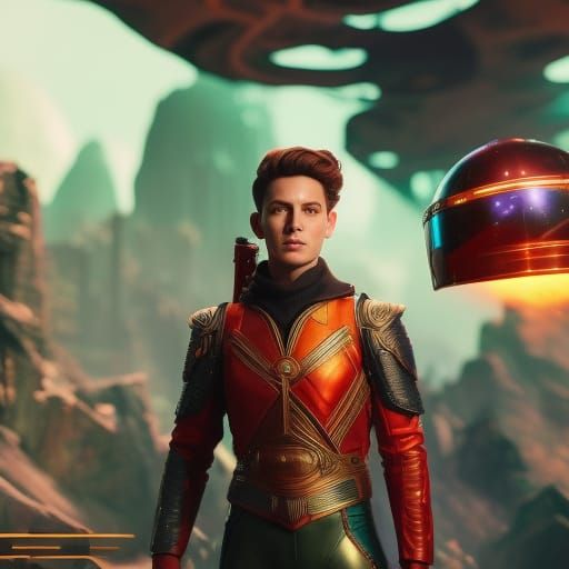 20-year-old, male, blonde hair, athletic,Retro sci-fi space hero, ray ...