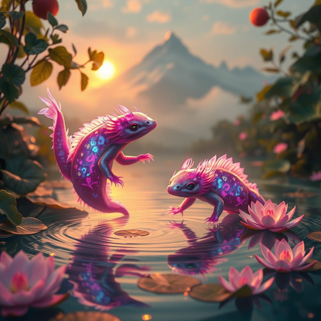 Axolotls dancing - Whimsical Axolotls Dance Amidst Dreamlik...