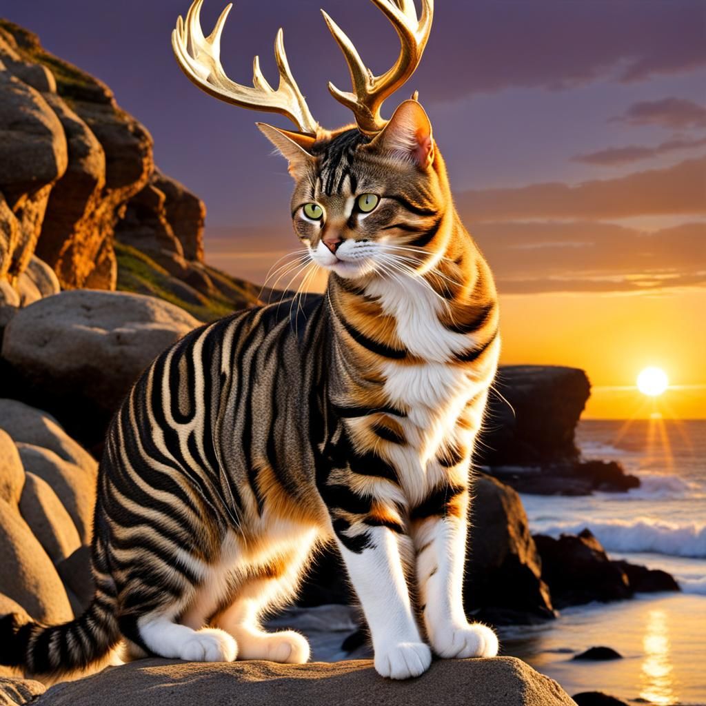 A large striped tabby cat with large stag antlers - AI Generated ...