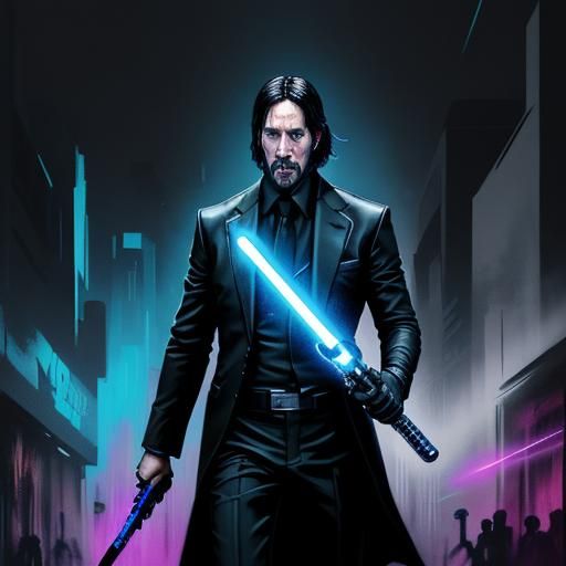 John Wick as a dark Jedi, wearing a black cyber punk outfit, wielding ...