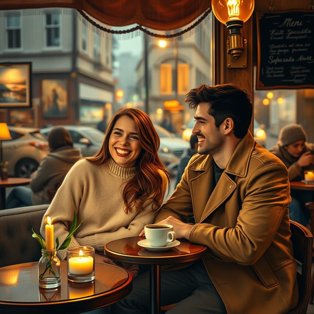 Finding Love - in A cozy, intimate coffee shop softly lit with a warm ...