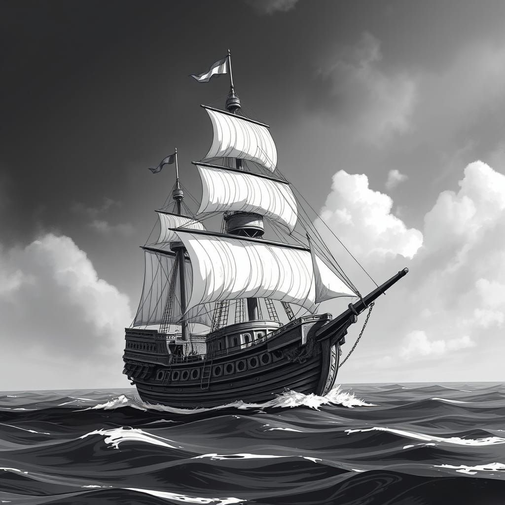 Small Galleon Sails on the Open Sea in Dramatic Bl... - AI Art