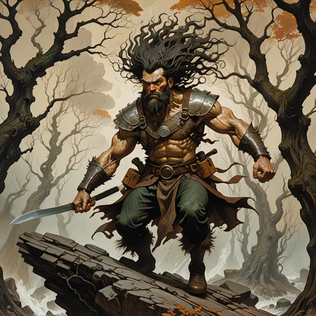 Warrior in Mid-Air Amidst Muscular Trees in a Dyna... - AI Art