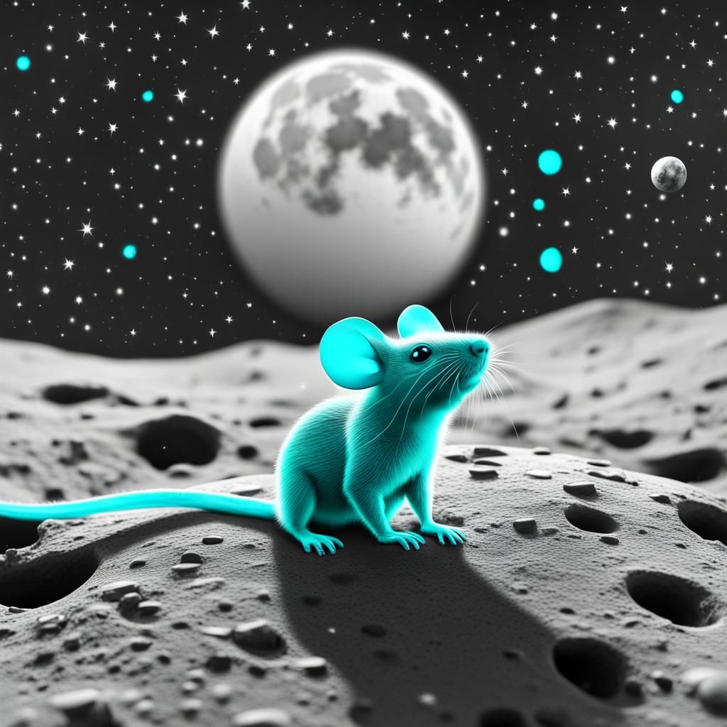 selective color, cyan mouse on moon surface, grayscale starry space ...