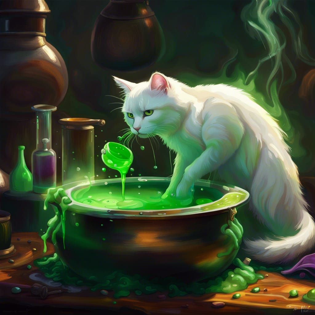 White cat making potions from a cauldron of green liquid clear face ...