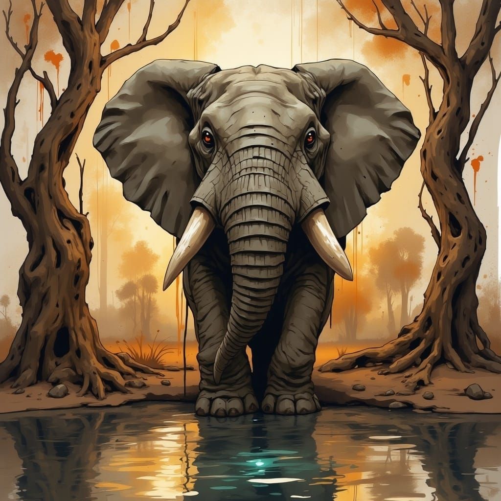 Whimsical elephantin front of baobab trees and a water hole in the savannah