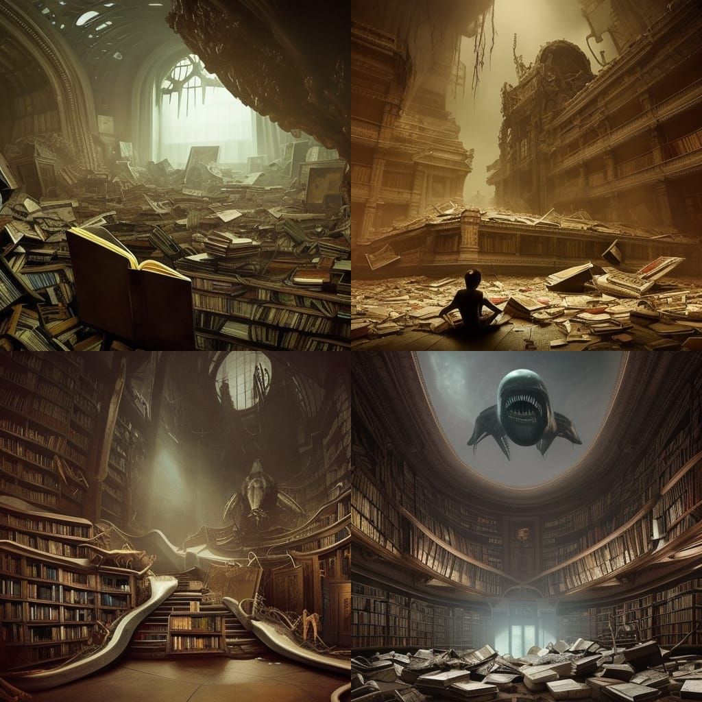 Aliens with books creepy in a library destroyed - AI Generated Artwork ...
