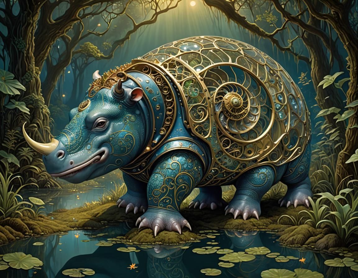 mechanical shiny reflective nautilus hippopotamus hybrid in the swamp ...