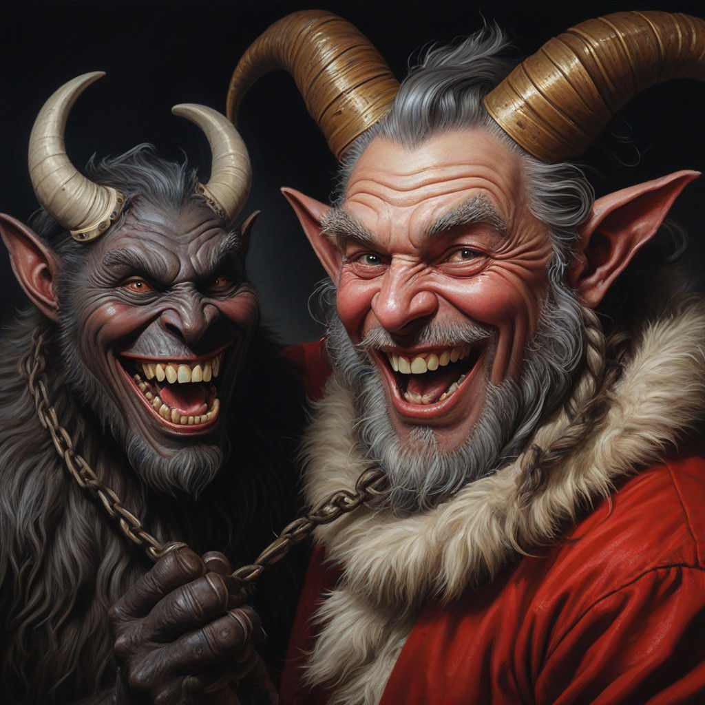 Portrait of Krampus and Santa? laughing