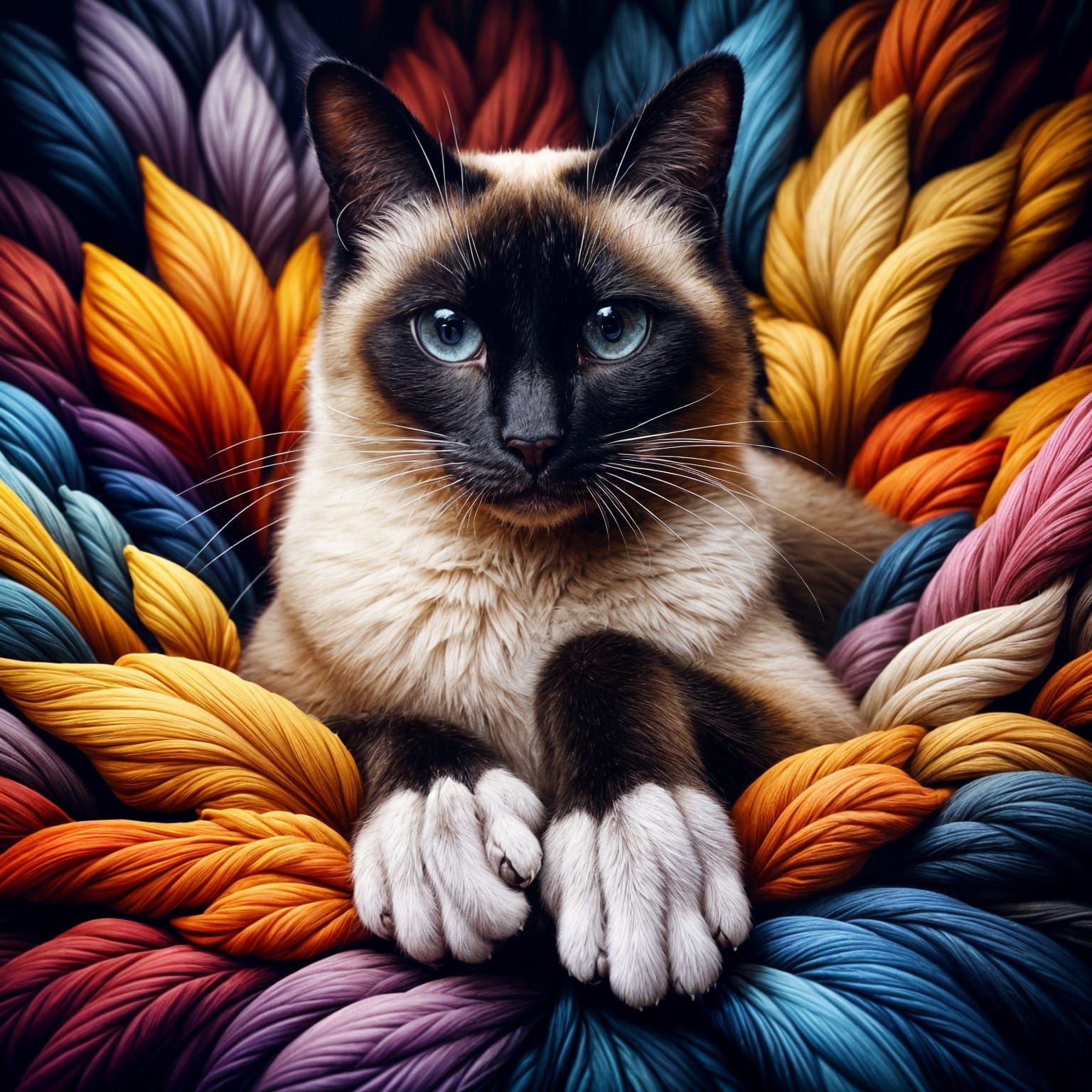 Siamese cat with white paw tips, 8k hyperrealism, bright and saturated ...