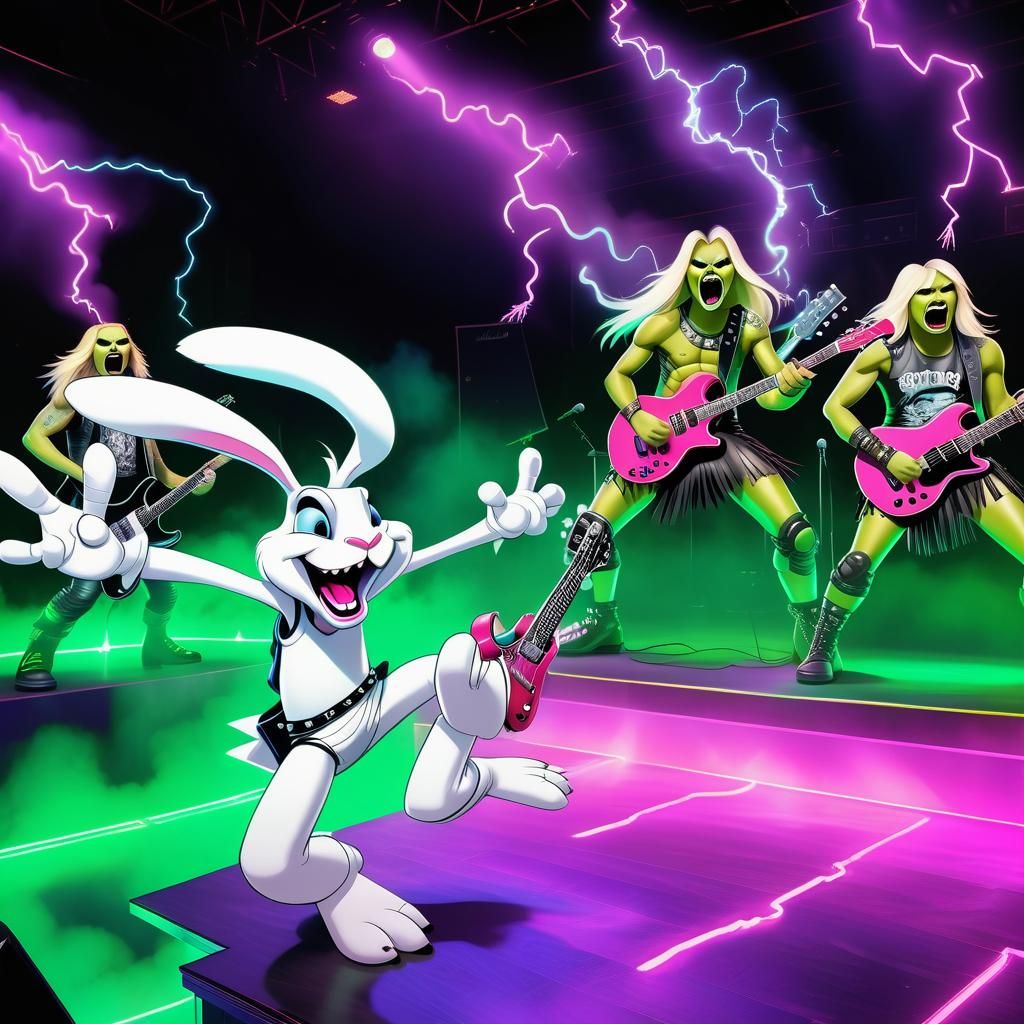 Heavy Metal Rock Star White Rabbit in Neon Concert... - AI Art