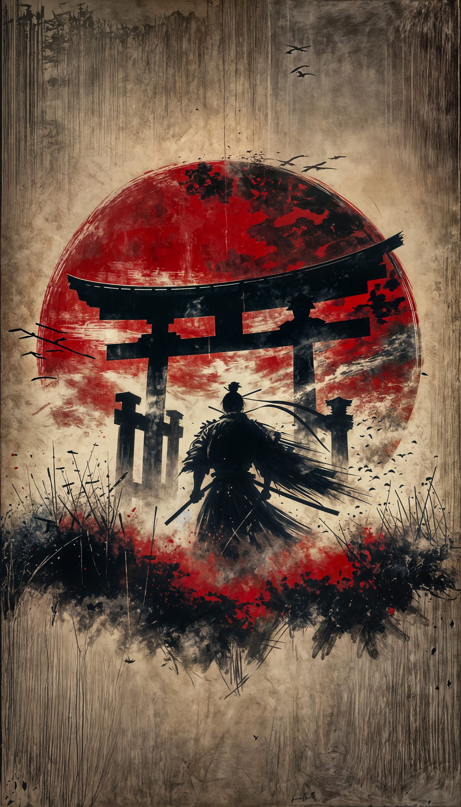 Way - Samurai Under Red Sun: A Maximalist Japanese Art Piece