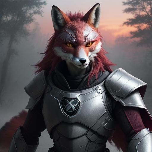 Red Fox, Fox with Burgundy and Silver armor, in Deep depth woods ...
