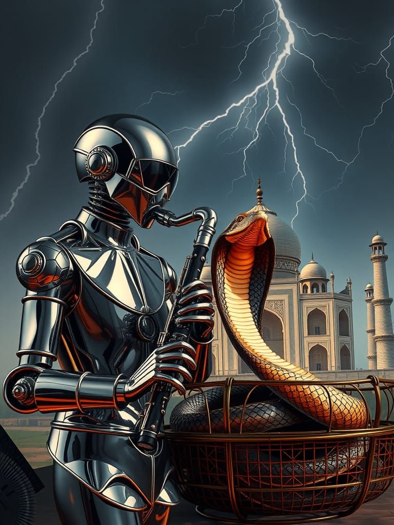 Vintage Sci-Fi Robot Snake Charmer Plays Futuristi... - AI Art