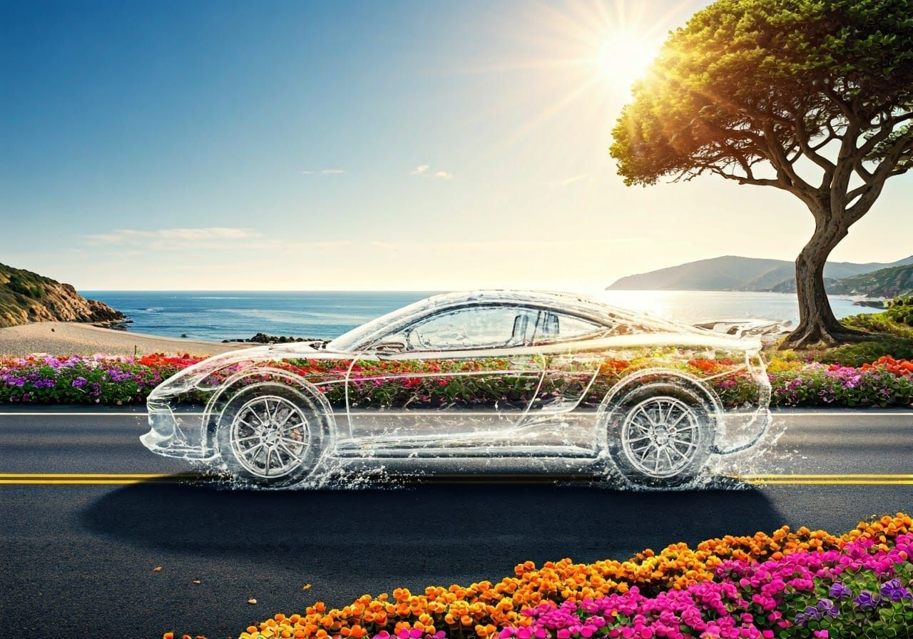 Water Sports Car Drives on a Sunny Beach Road - AI Art