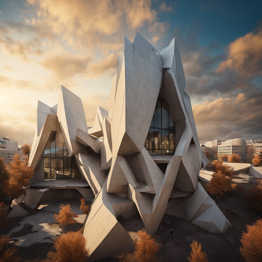 Brutalist Concrete Library with Geometric Design - AI Art