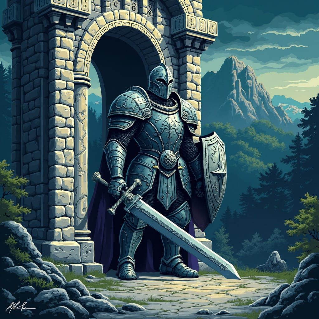 A colossal, medieval armored knight wielding a huge sword and a large ...