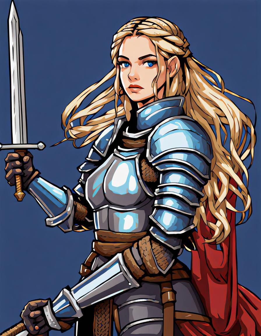 a beautiful woman knight in plate armor, no helmet, blonde braids, blue ...