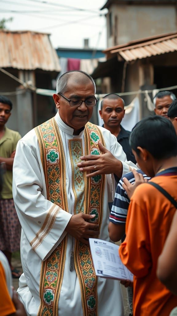 Devout Catholic Priest in Traditional Cassock, Rad... - AI Art