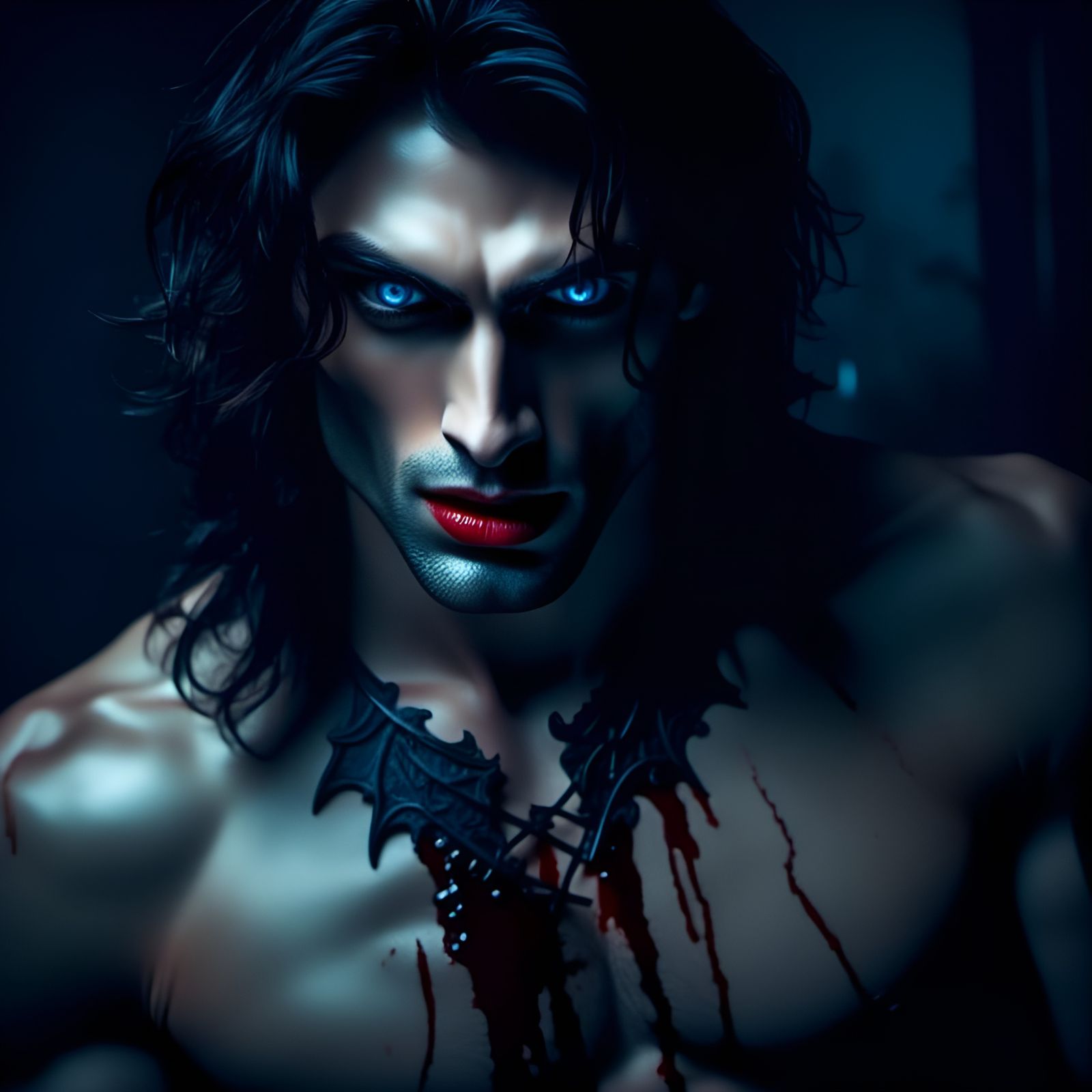 Aggressive and handsome male vampire with mesmerizing eyes and bloody ...