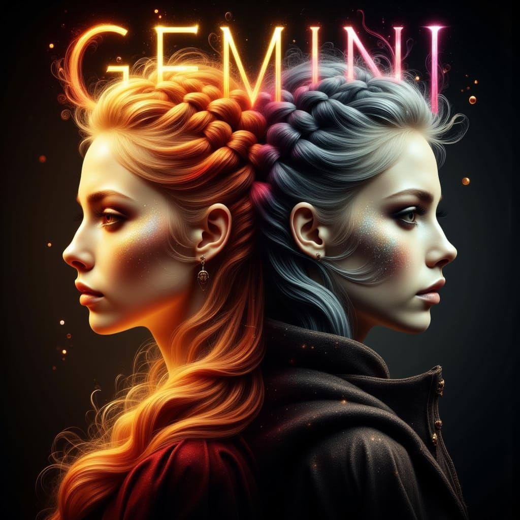 Gemini Twins: Ethereal Double Exposure in Neon Hue... - AI Art