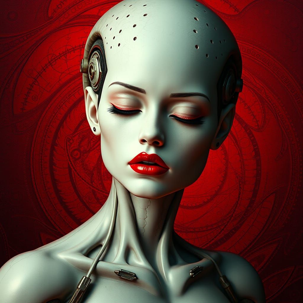 Biomechanical Alien Goddess in Crimson Splendor - AI Art