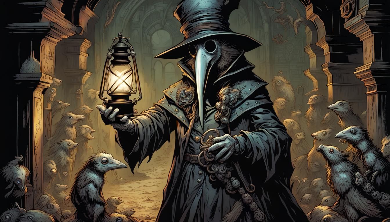 ornate, plague doctor, holding lantern, crawling rats, dungeon, Luara ...