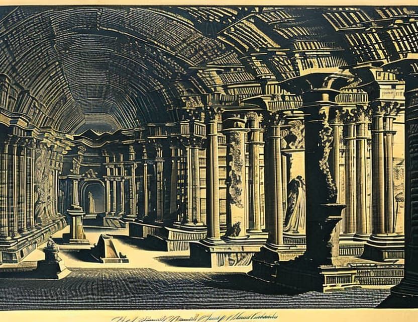 Inside roman catacombs with several floors, lit torches all around ...