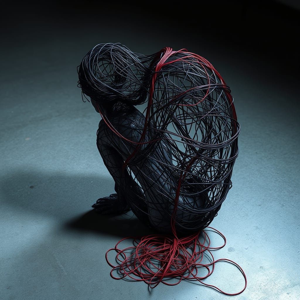 A wire sculpture of a human figure curled into a f... - AI Art