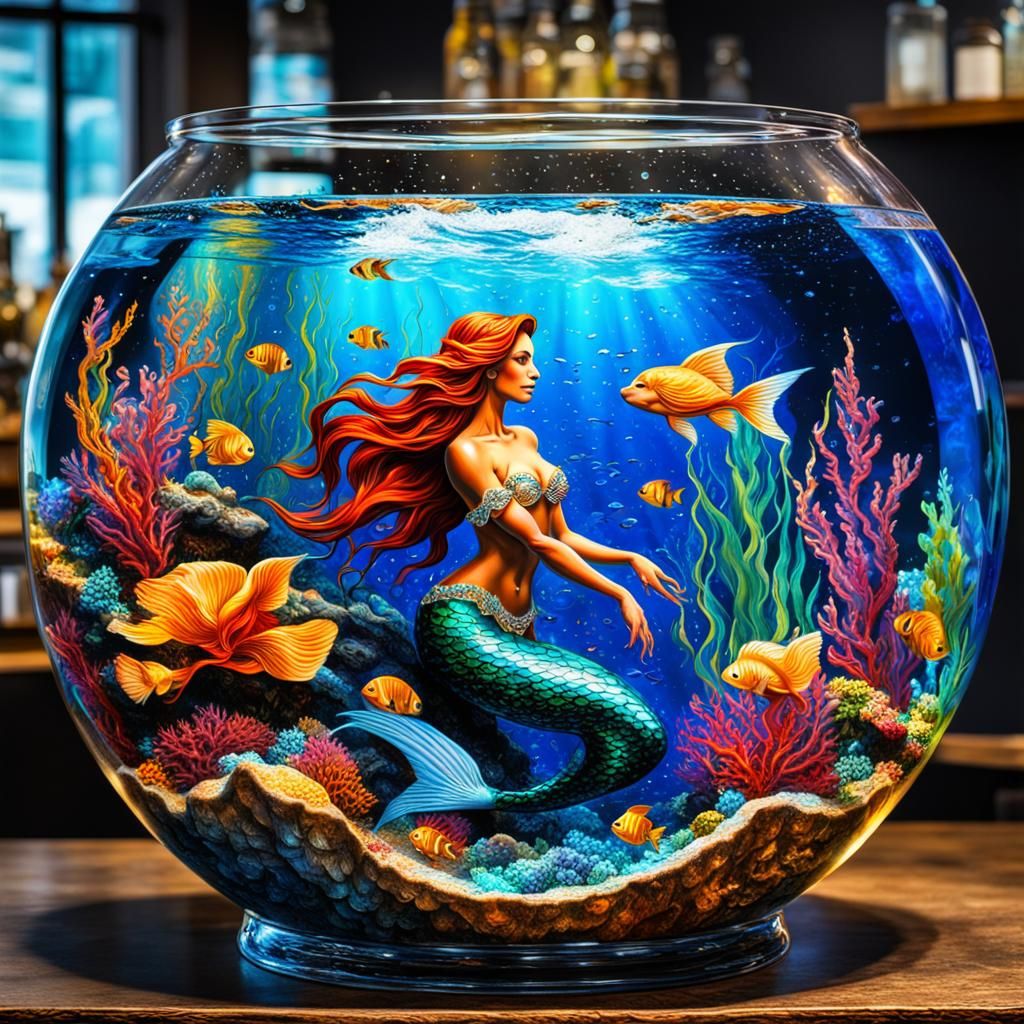 4k, HDR, vibrant colors, and super detailed mermaid in a fish bowl. by ...