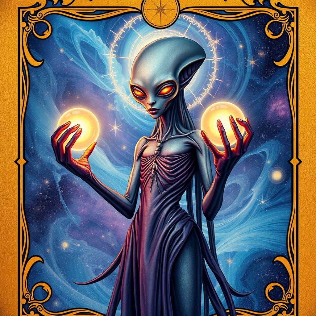 Intricately detailed 3D tarot card text "The Magician" An alien figure ...