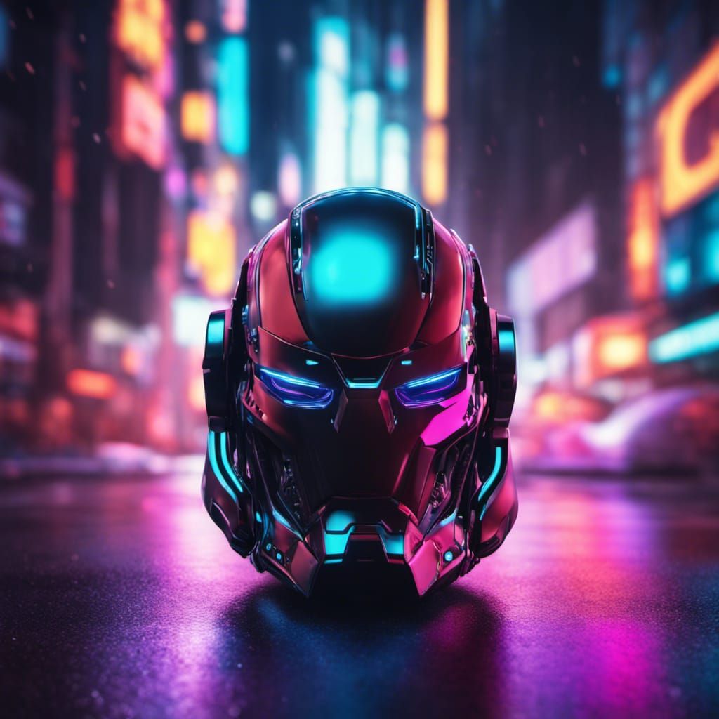 hd photo of a cyborg futuristic helmet in a neon city at night - AI ...