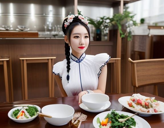 Beautiful pretty cute Chinese girl in white dress with twintail braided ...