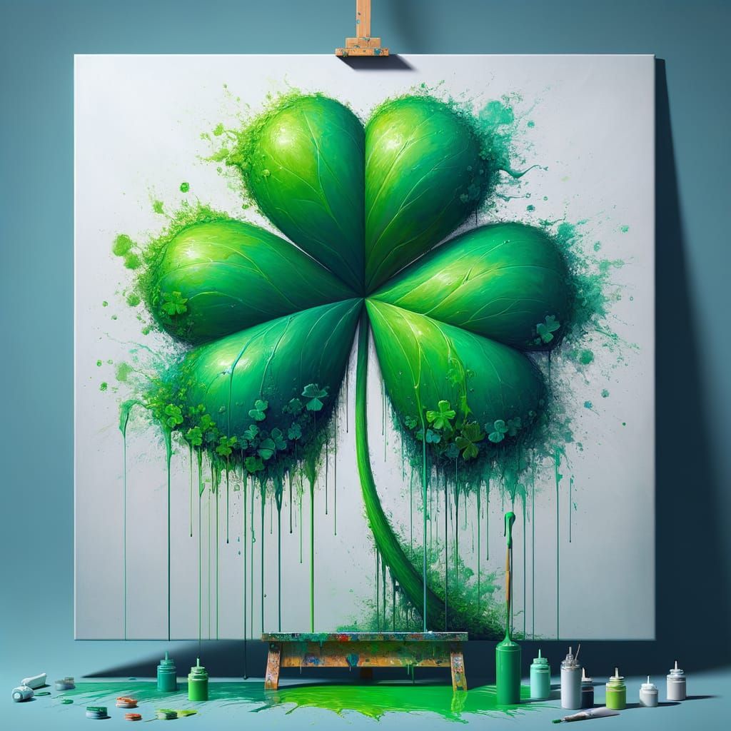 Vibrant Green Shamrock Oil Painting with Dripping ... - AI Art