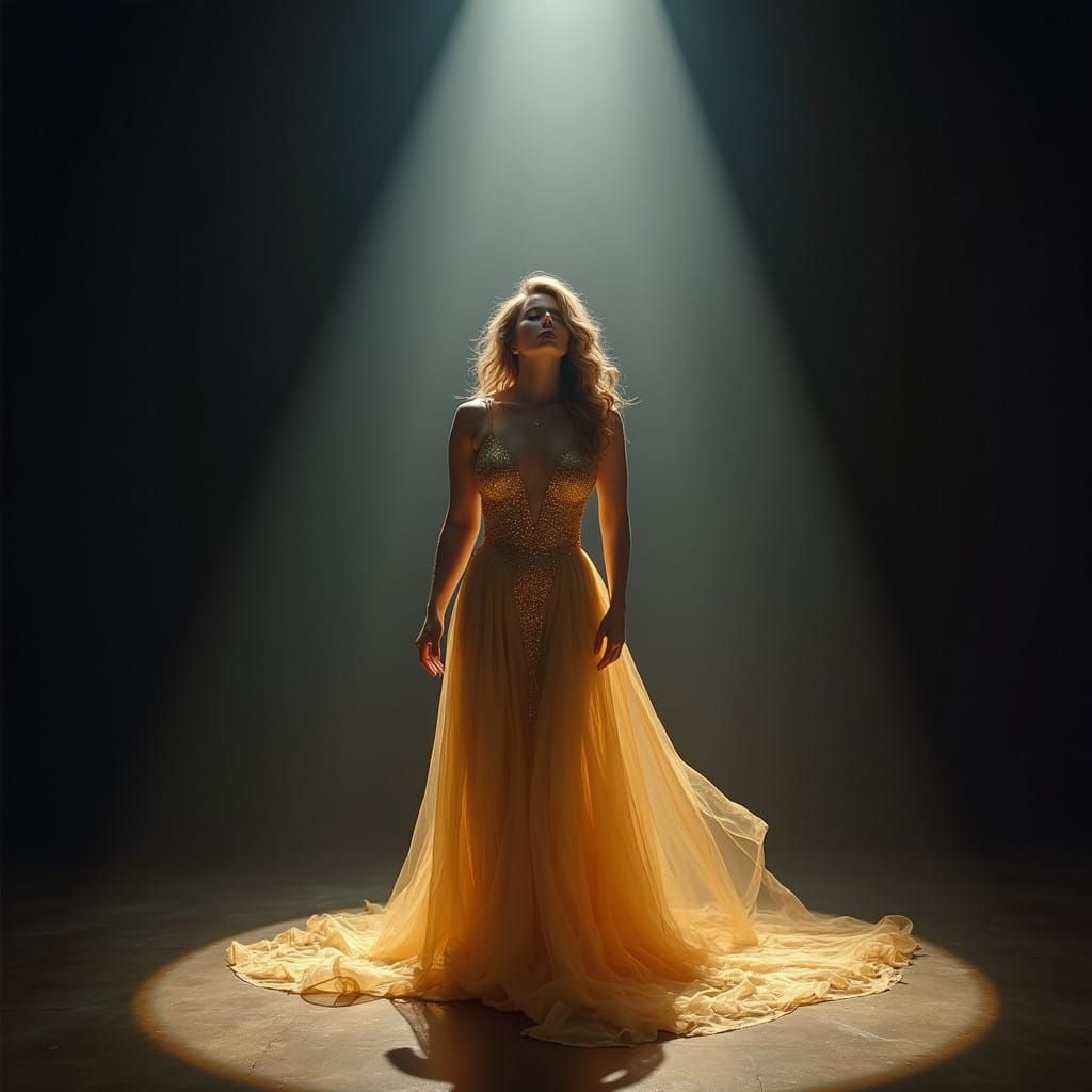 Elegant Spotlight Diva Takes Center Stage in Gold - AI Art