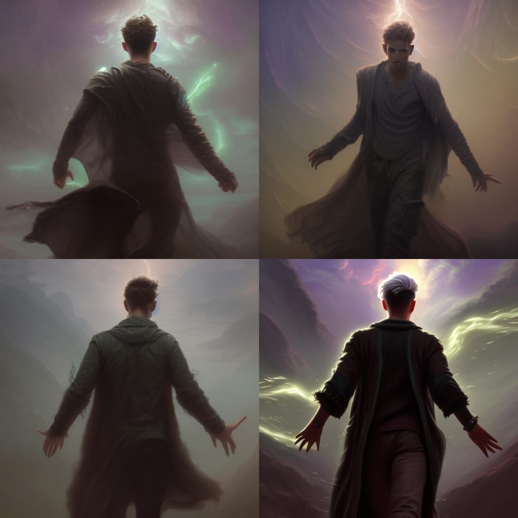 young and attractive male, psionic mage, messy silver hair and green ...