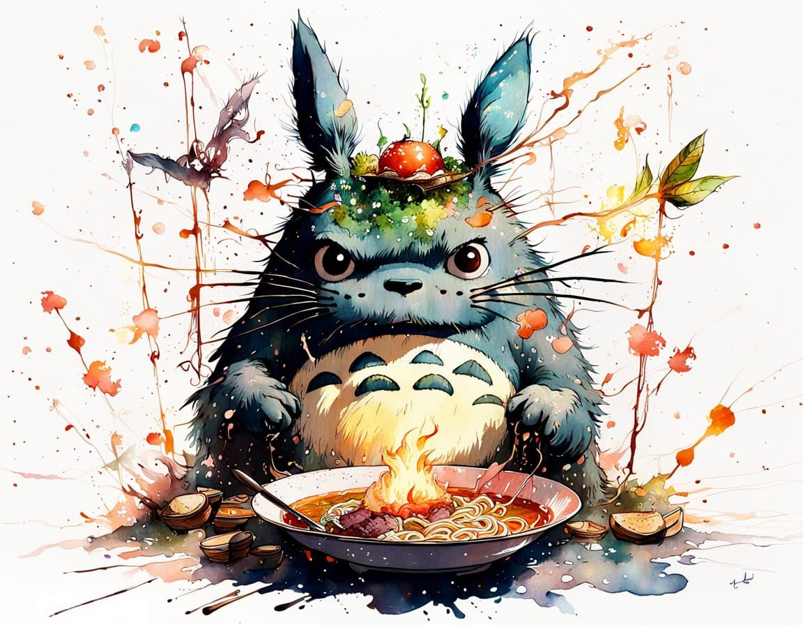 Vibrant Watercolor of Totoro Enjoying Ramen Amidst... - AI Art
