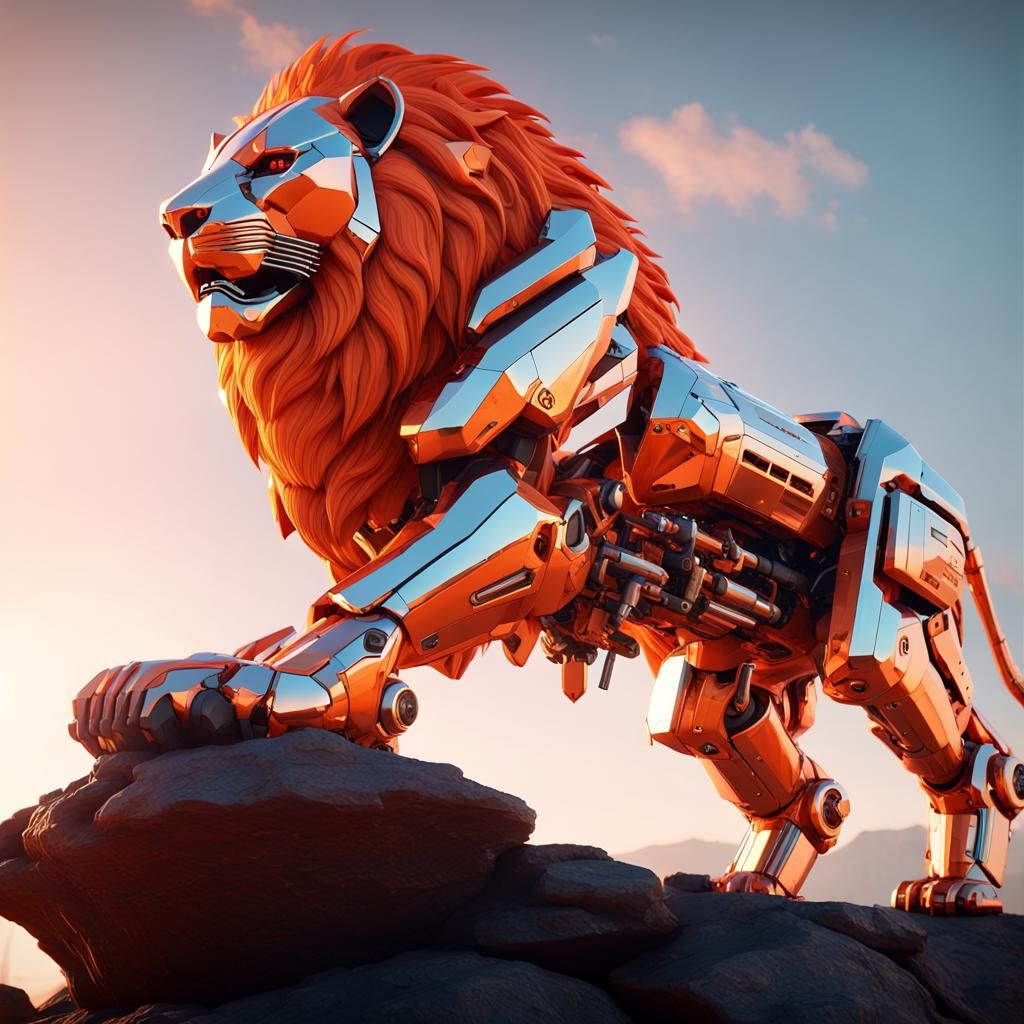 Giant orange lion outside on a rock, orange sky, orange lighting ...