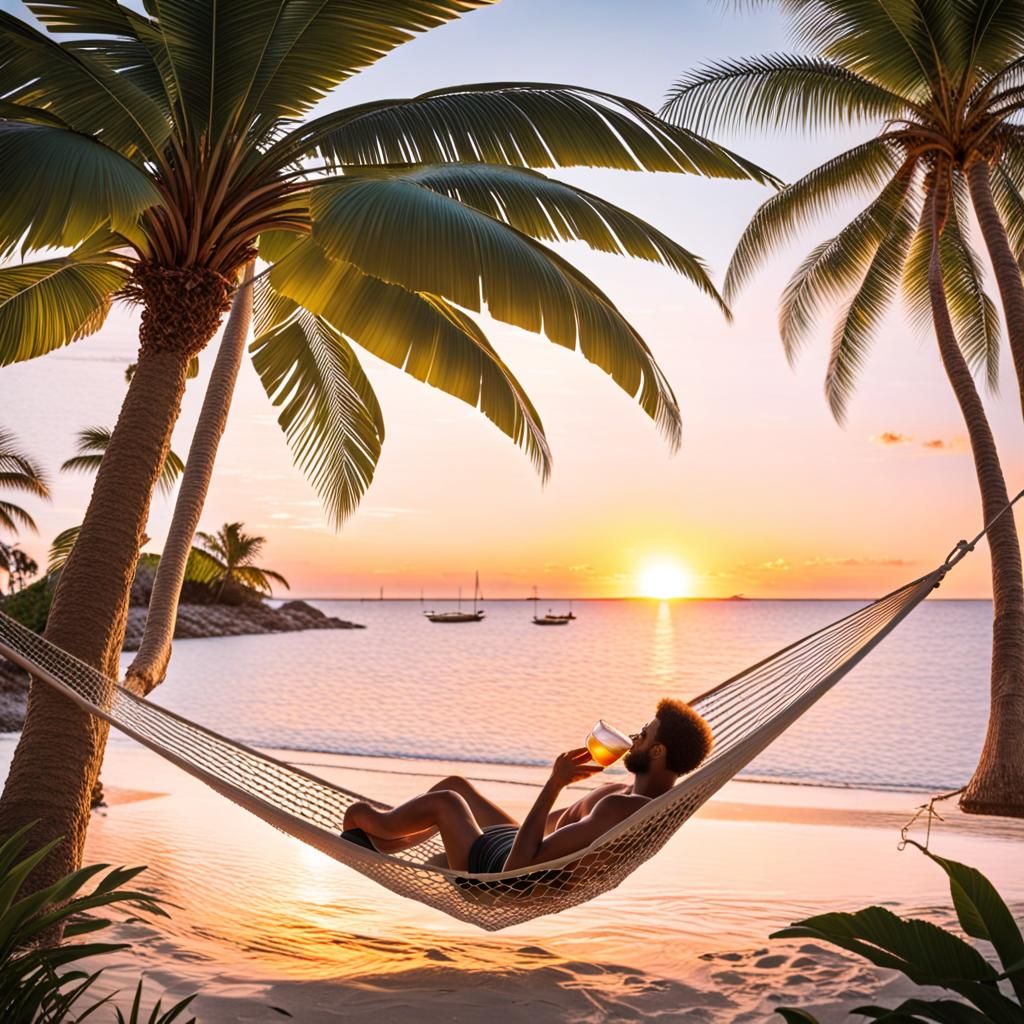 Calm moments in island life, such as hammocks under palm trees with a sunset view of the beach ...