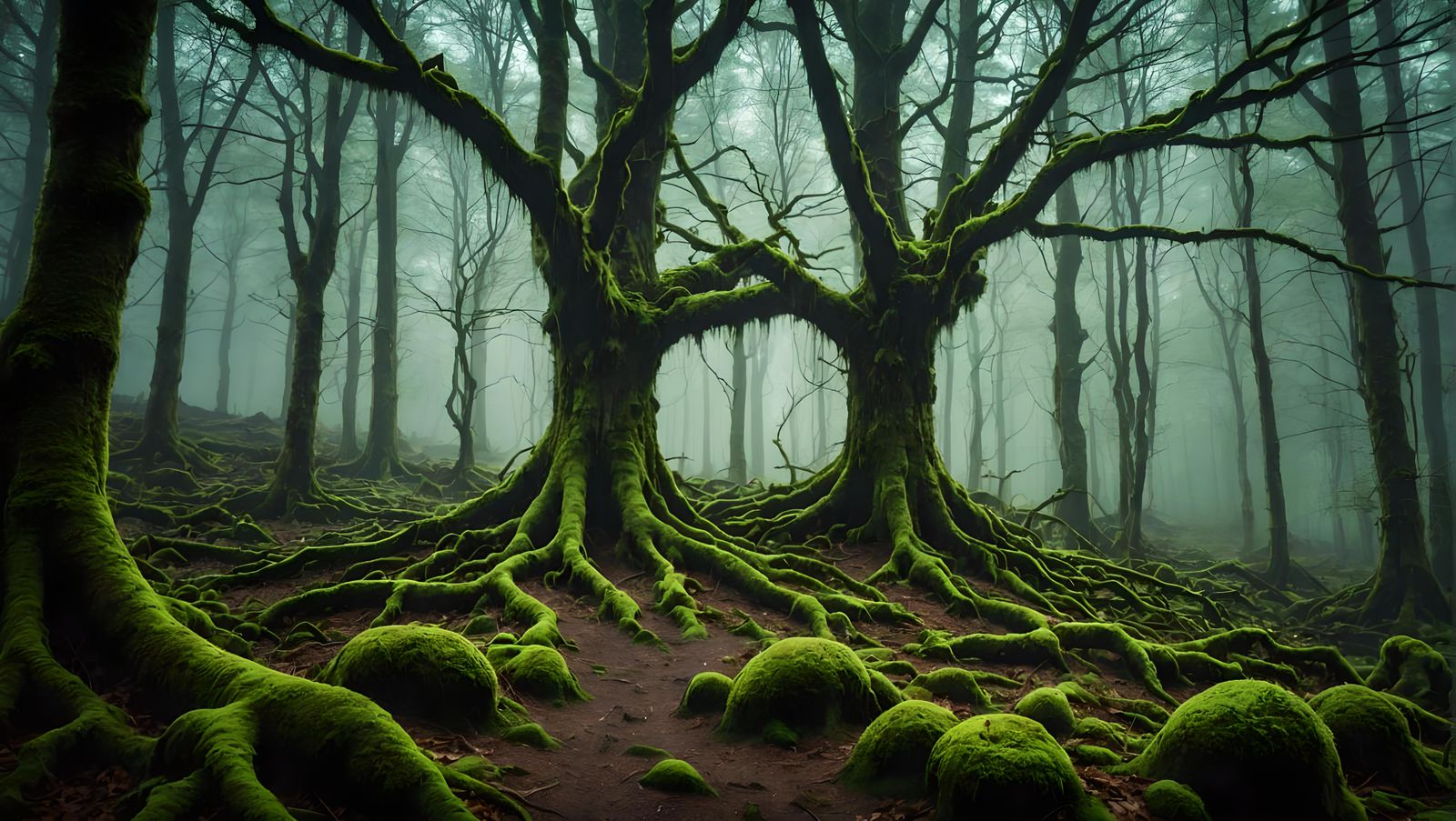 mystic forest, mist and green roots, covered in moss, dark and green ...
