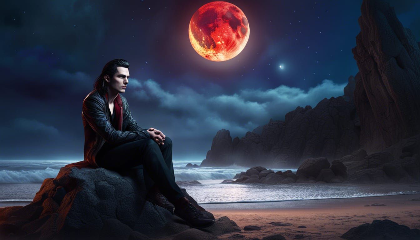 A lonely vampire with dark hair, sitting on a rock on a beach. The moon ...