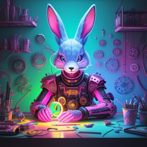 Whimsical Mechanic Rabbit Fox in a Neon Candy Wond... - AI Art