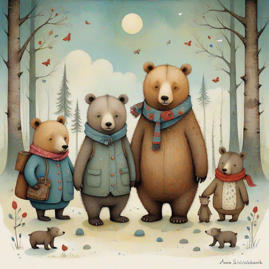 Whimsical Bear Cub and Friends in Enchanted Woodla... - AI Art