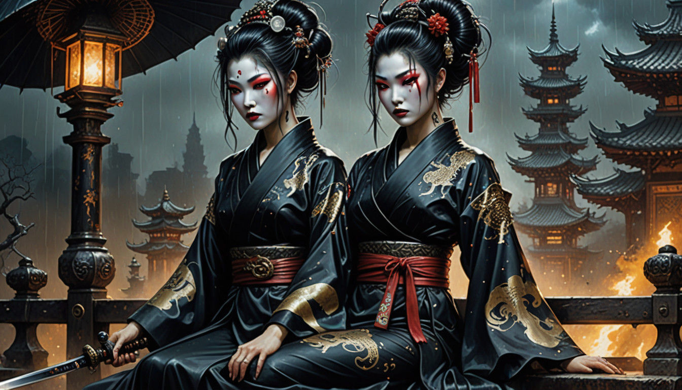 Vampires hunters Twins - Cyberpunk Vampire Geisha in a Dark,...