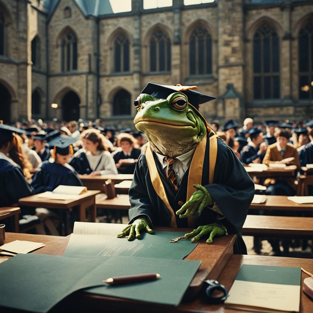 Cinematic Graduate Frog in Dramatic University Set... - AI Art